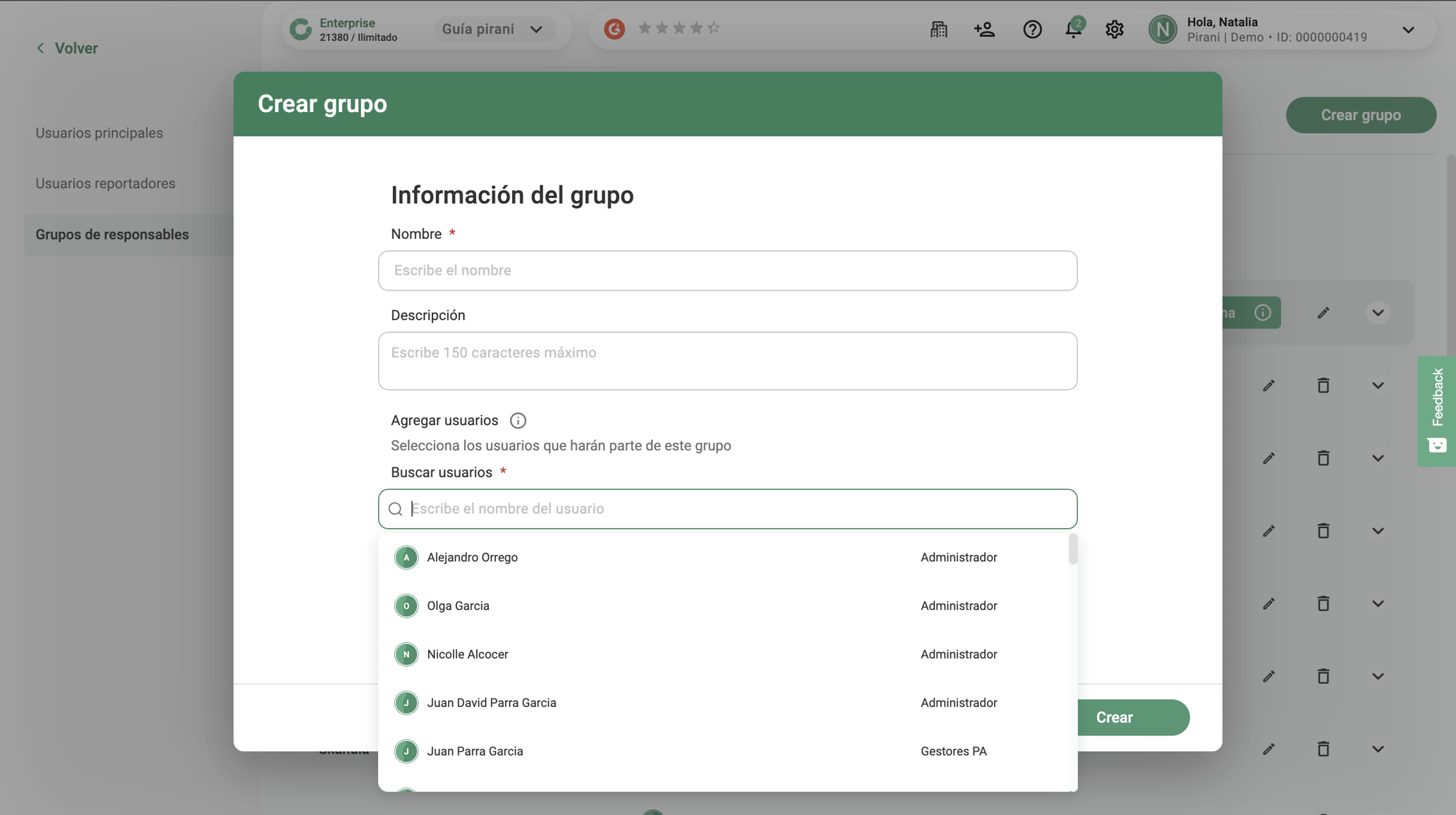 ¿Cómo funciona la sección de grupos responsables?